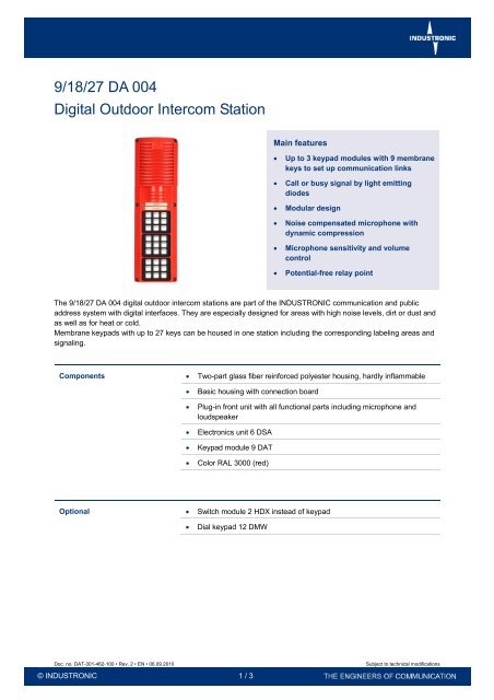 9/18/27 DA 004 Digital Outdoor Intercom Station - Industronic
