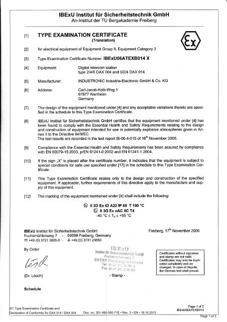 DAX Intercom Station - Ex Certificate for Zone 2 - Industronic
