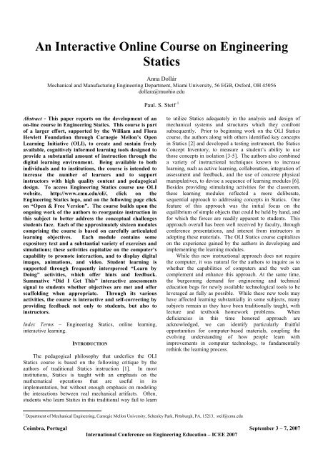 An Interactive Online Course on Engineering Statics - ICEE 2007