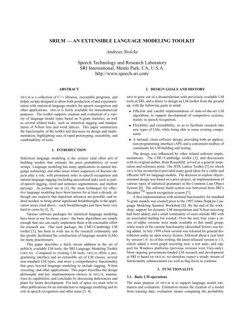 SRILM â AN EXTENSIBLE LANGUAGE MODELING TOOLKIT ...