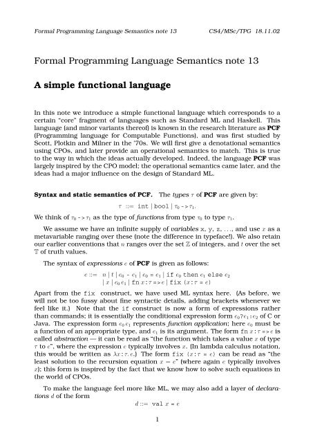 Formal Programming Language Semantics note 13 A simple ...