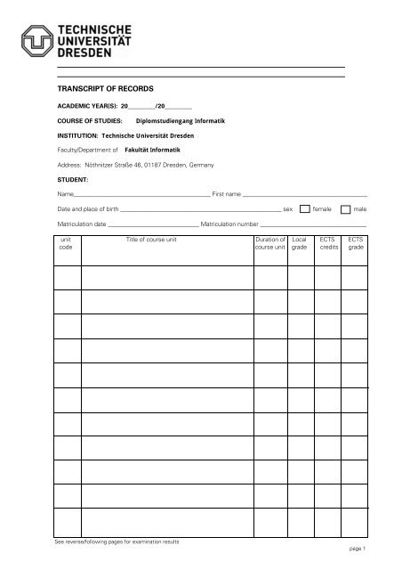 TRANSCRIPT OF RECORDS - Technische Universität Dresden