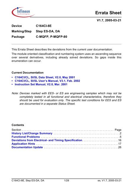 Errata Sheet - Infineon