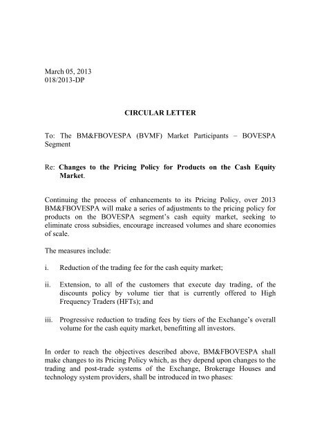 Circular Letter – Changes to the Pricing Policy for ... - BM&FBovespa;