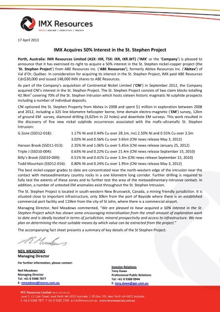 IMX acquires 50% interest in St. Stephen nickel project