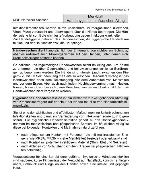 Merkblatt Händehygiene - Gesunde Sachsen