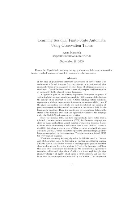 Learning Residual Finite State Automata Using Observation Tables