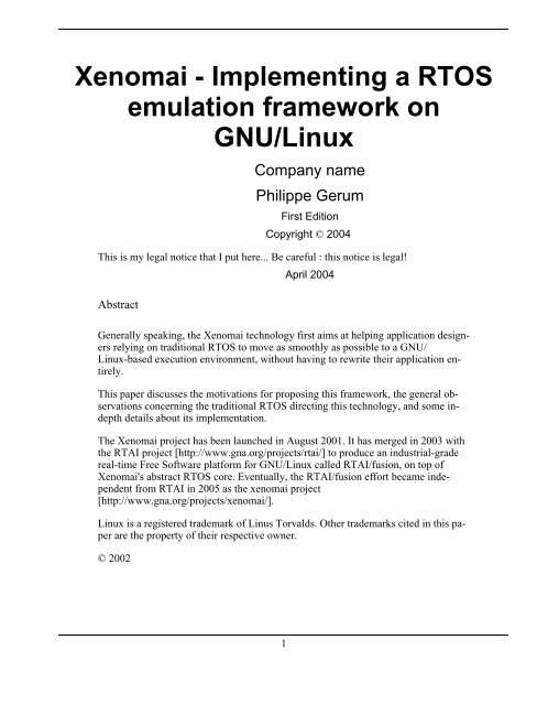 Xenomai Implementing A Rtos Emulation Framework On Gnu Linux