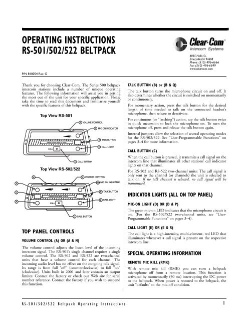 Clearcom Intercom Belt-Packs