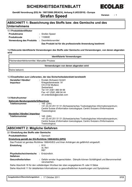 SICHERHEITSDATENBLATT Sirafan Speed - Ecolab (Schweiz)