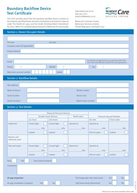 Watercare Standard Test Form