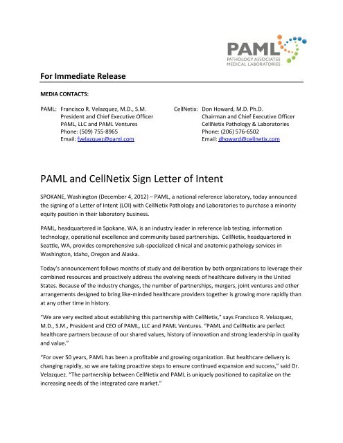 PAML and CellNetix Sign Letter of Intent