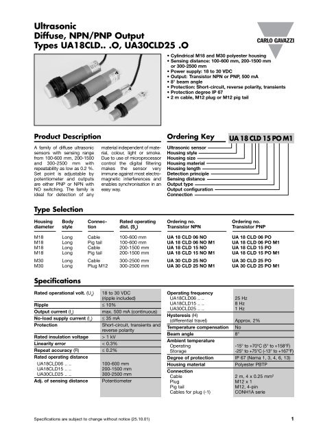Ultrasonic Diffuse, NPN/PNP Output Types ... - Rom Devices