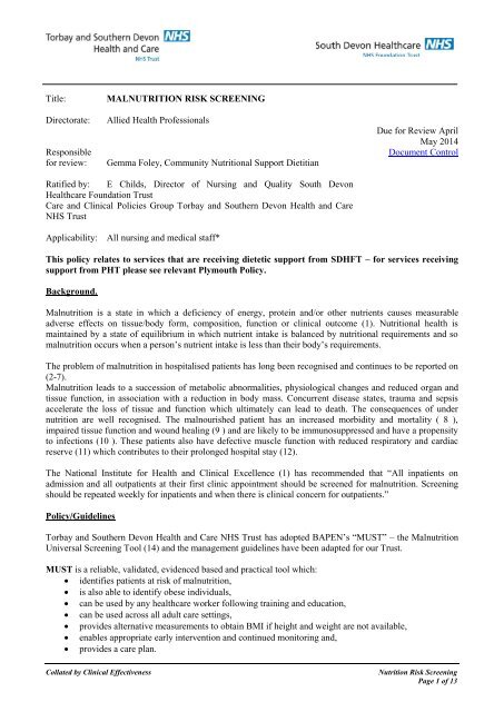 Nutrition Risk Screening - Torbay Care Trust
