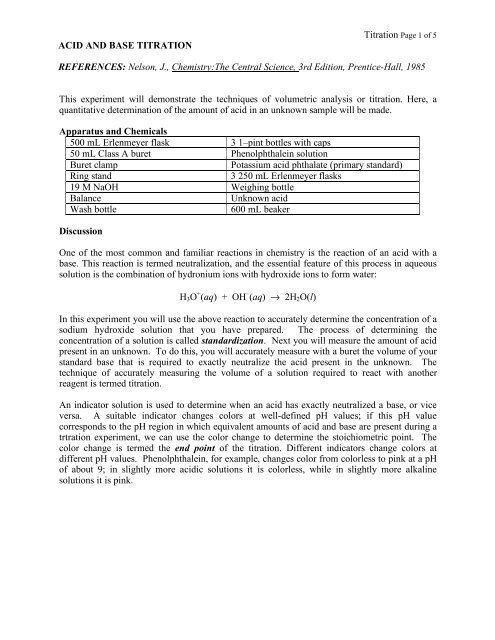 ACID AND BASE TITRATION REFERENCES: Nelson, J., Chemistry ...