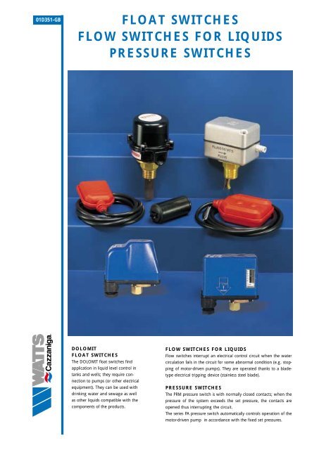 float switches flow switches for liquids pressure ... - Watts Industries