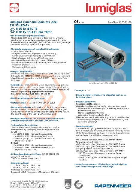 Lumiglas Luminaire Stainless Steel ESL 55-LED-Ex II ... - L.J. Star, Inc.