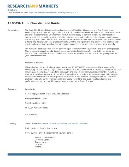 AS 9003A Audit Checklist and Guide - Research and Markets