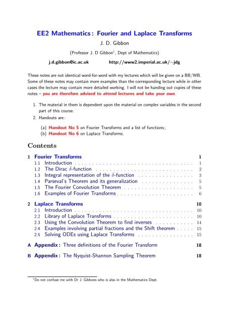 EE2 Mathematics: Fourier and Laplace Transforms Contents