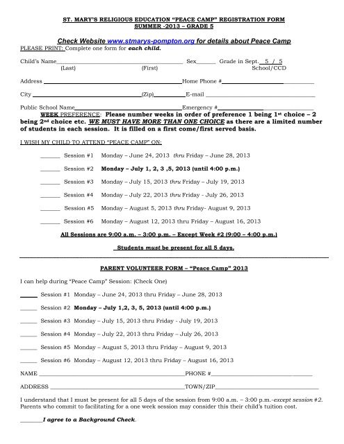 to print Registration Form for Grade 5/Peace Camp - St. Mary's Parish