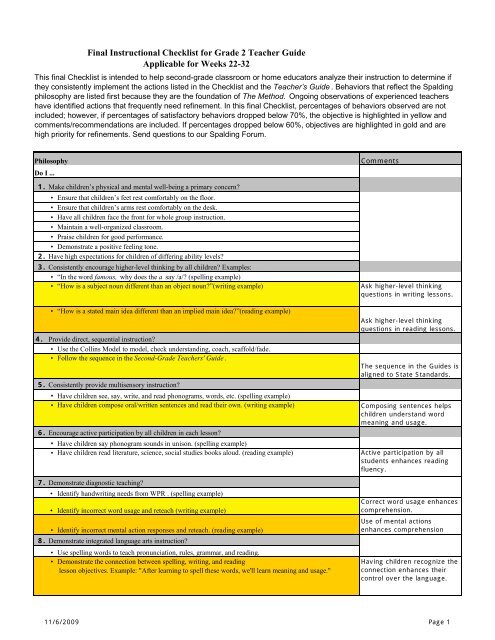 Final Instructional Checklist for Grade 2 Teacher Guide Applicable ...