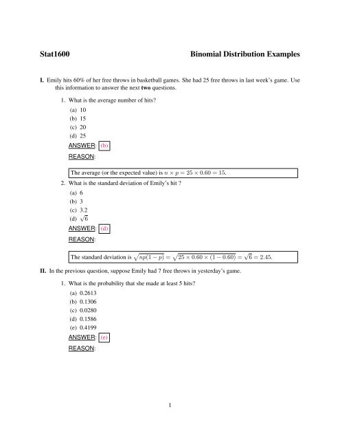 Stat1600 Binomial Distribution Examples