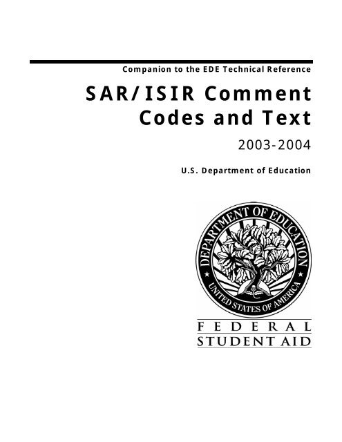 SAR/ISIR Comment Codes and Text - FSAdownload.ed.gov - U.S.