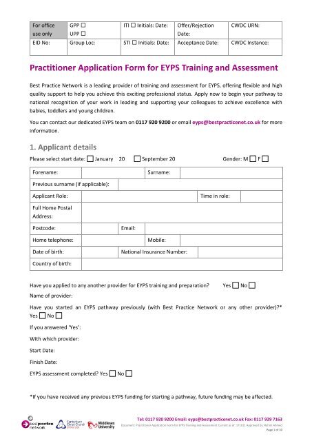 Practitioner Application Form for EYPS Training and Assessment