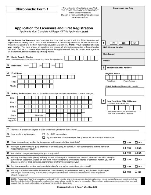 Chiropractic Form 1 Application for Licensure and First Registration