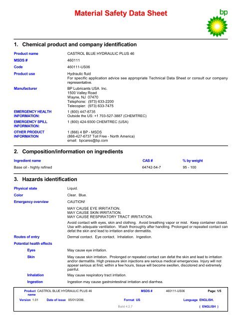 Blue Hydraulic Plus 46 MSDS - Categories On Parent Petroleum