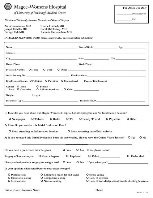 Bariatric Surgery Evaluation Form UPMC