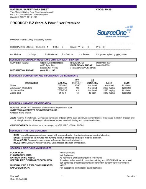 MSDS E-Z Store & Pour Fixer - Merry X-Ray / SourceOne Healthcare ...