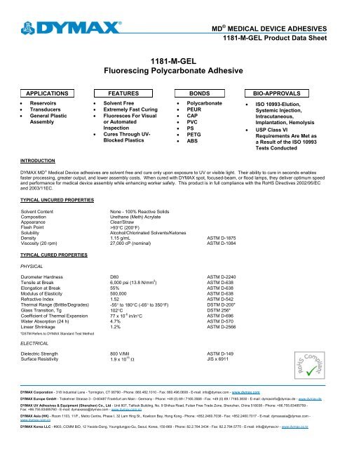 DYMAX 1181-M-GEL Medical Device Adhesive Product Data Sheet