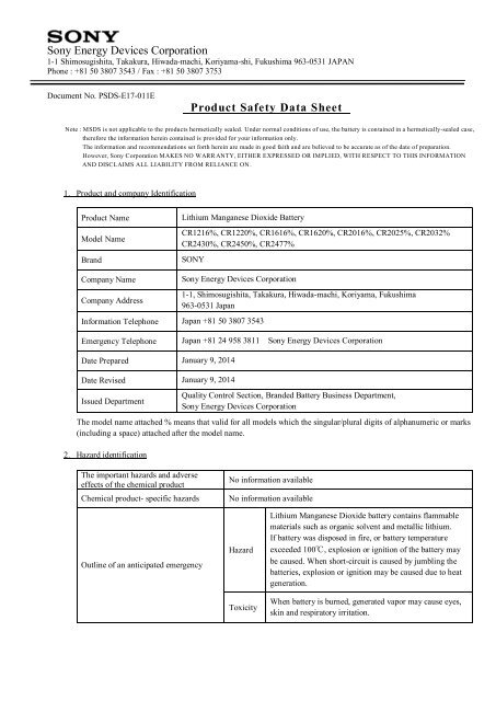 Product Safety Data Sheet - Sony