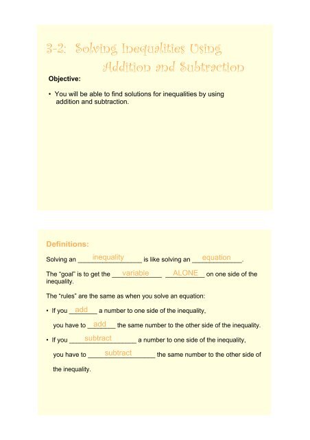 3-2: Solving Inequalities Using Addition and Subtraction