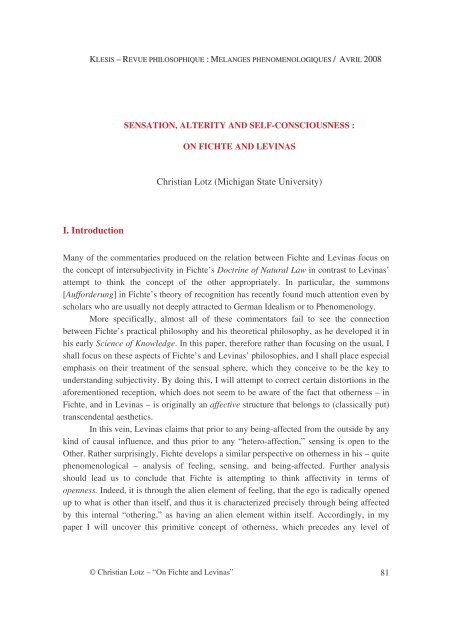 Christian Lotz (Michigan State University) I. Introduction - Klesis