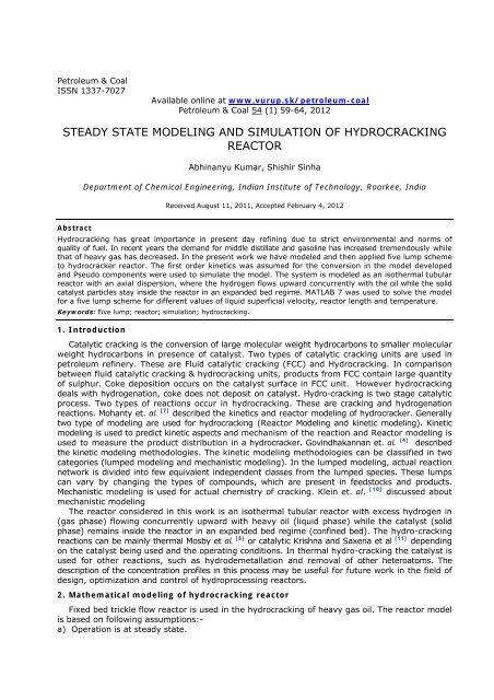 steady state modeling and simulation of hydrocracking reactor