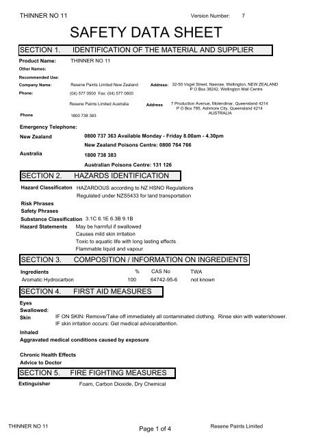 SDS for Resene Thinner No 11 paint thinner
