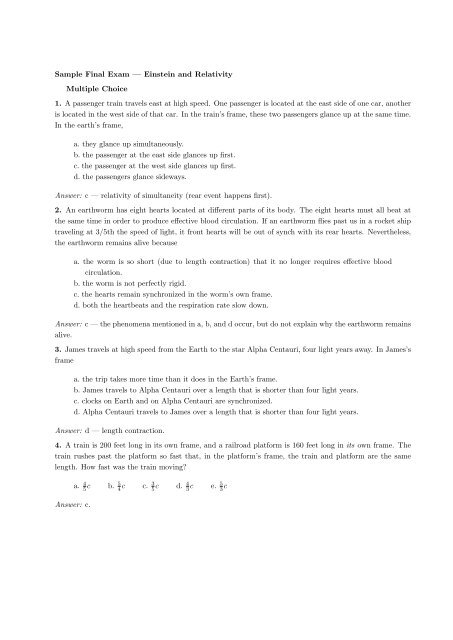 Sample Final Exam â Einstein and Relativity Multiple Choice 1. A ...