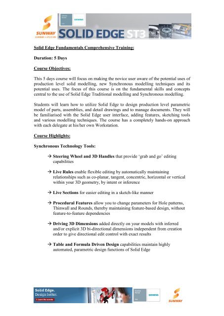 Solid Edge Fundamentals Comprehensive Training: Duration: 5 ...