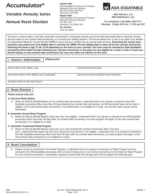 Reset Election Form - AXA Equitable