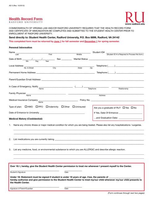 Health Record Form - Radford University