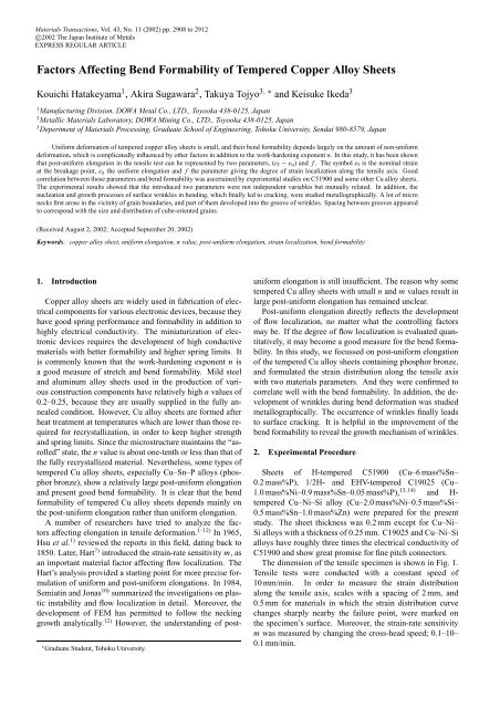 Factors Affecting Bend Formability of Tempered Copper Alloy Sheets