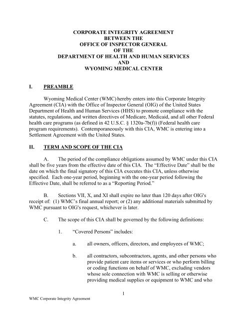 Wyoming Medical Center Corporate Integrity Agreement - Office of ...
