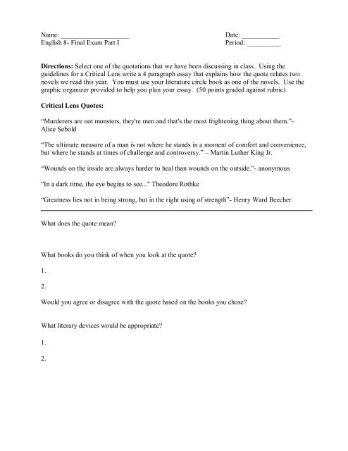 English 8 Final Exam Part I Period: ______ Directions: Selec