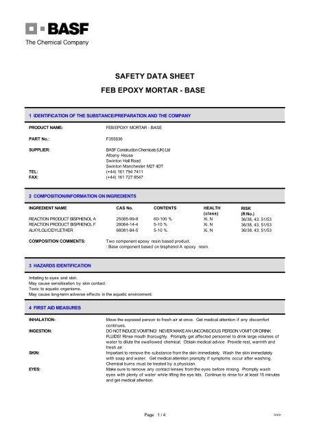 safety data sheet feb epoxy mortar - base - EPMS Supplies