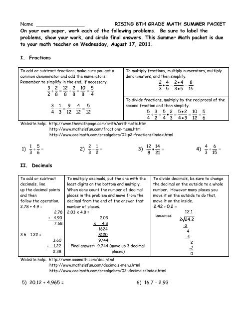 RISING 8TH GRADE MATH SUMMER PACKET On your own paper ...