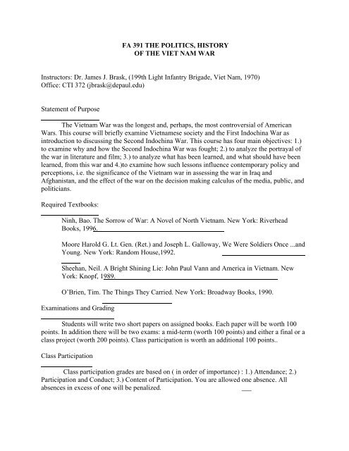 FA 391 THE POLITICS, HISTORY OF THE VIET NAM WAR ...
