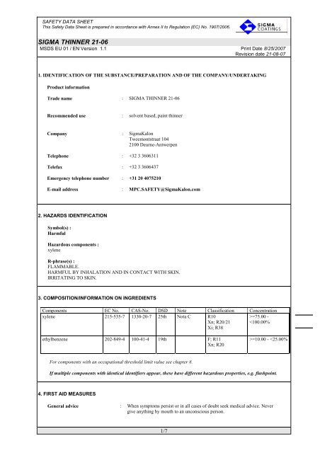 msds sigma thinner 21-06 - SIGMA PAINTS