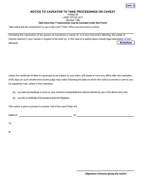 Caveat Notice to Take Proceedings - Service Alberta